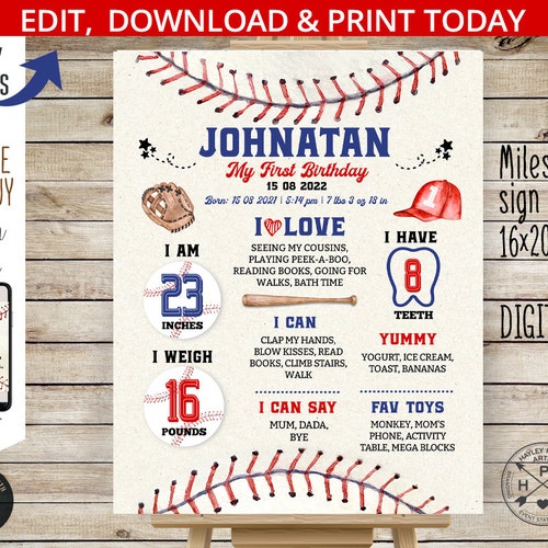 Baseball 1st Birthday Poster Baseball Birthday Milestone - Etsy