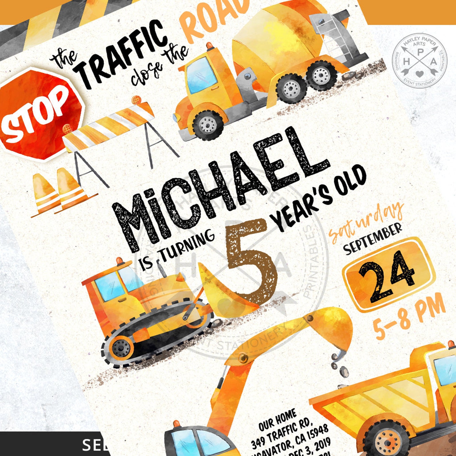 Construction Birthday Invitation, Truck Traffic Road Yellow Black ...