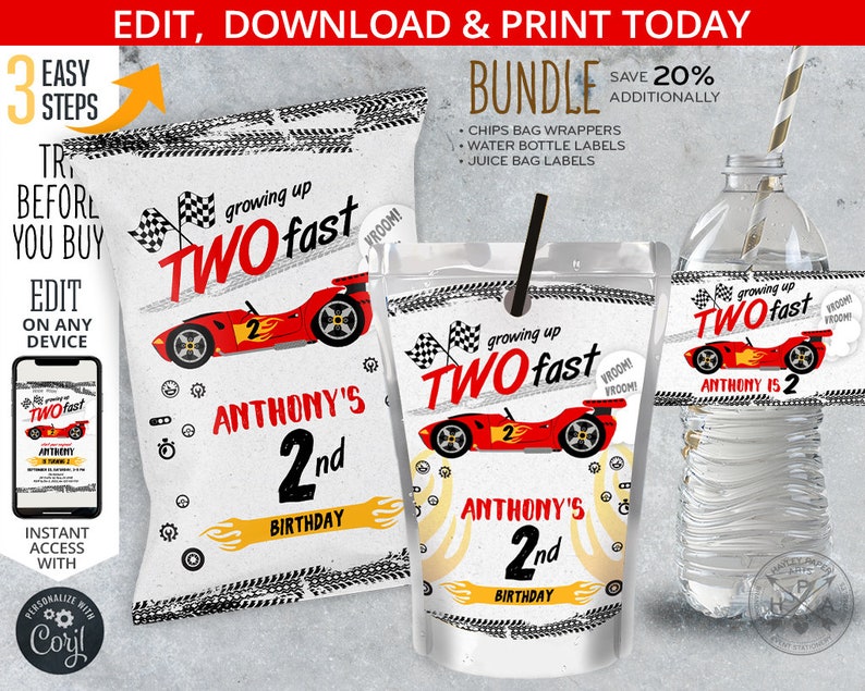 BUNDLE Two Fast Race Car Chips Bag Juice Bags Water Bottle - Etsy