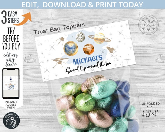 Outer space treat favor bag topper galaxy boy two the moon astronaut ...