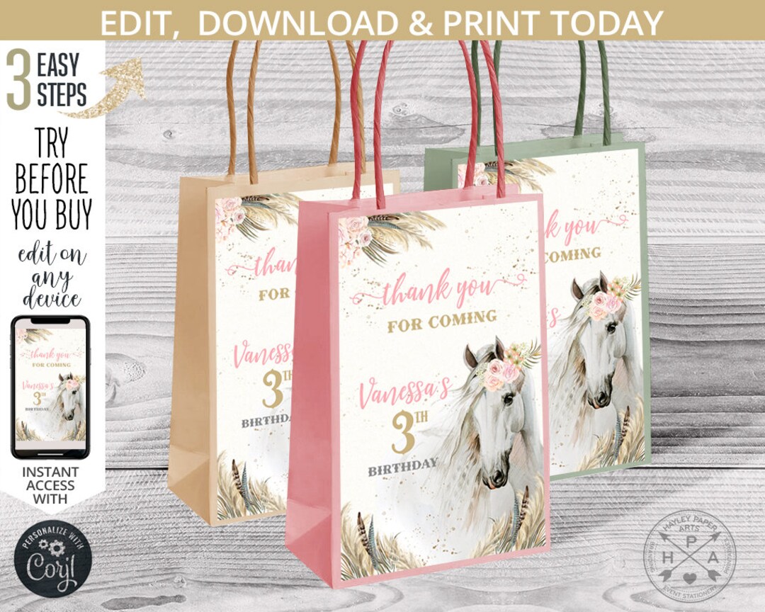 Horse Cowgirl Paper Bag Label, Gift Bags Labels, Pony Pampas Grass ...