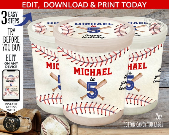 Baseball Cotton Candy Tub Label Favor Container Labels Any - Etsy