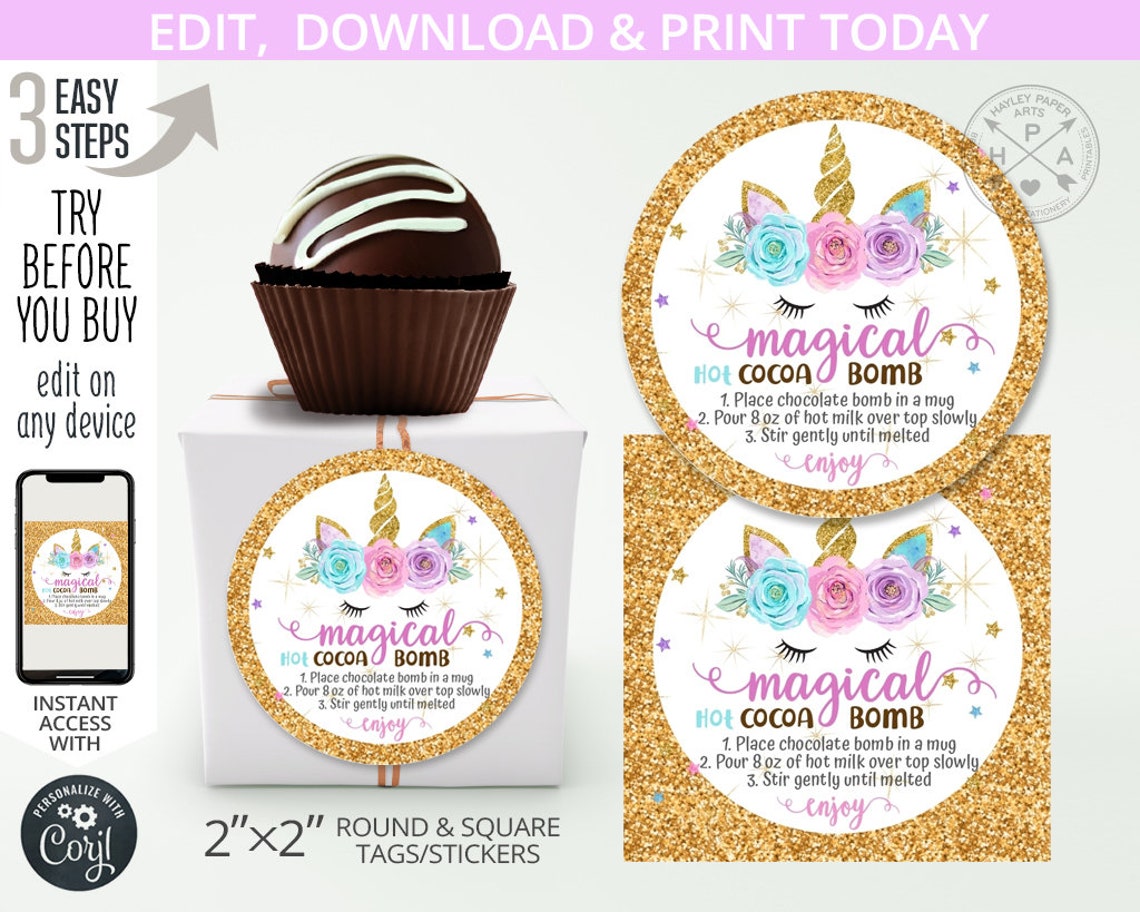 Unicorn Hot Cocoa Bomb Tag or Sticker. Printable Magical Chocolate ...
