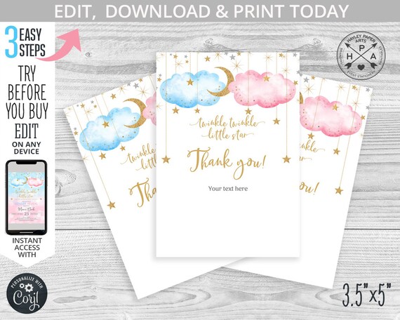 Twinkle twinkle little star thank you card, baby gender reveal shower ...