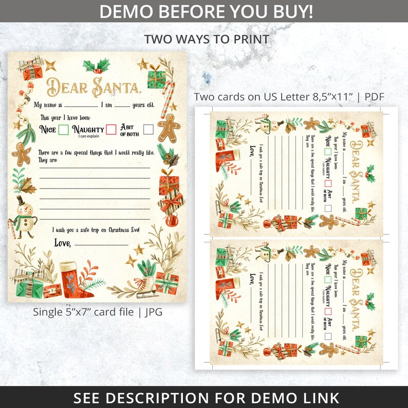 Letter to Santa Christmas Card Kids Letter. Holiday Activity - Etsy