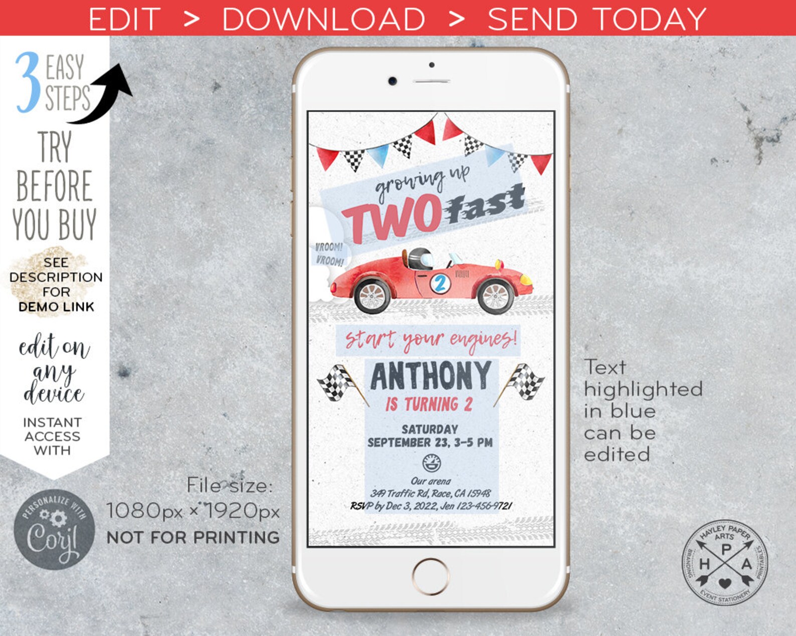 Two Fast Race Car Electronic Birthday Party Boy Invitation Vintage ...