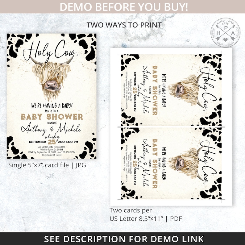 Holy Cow Baby Shower Invitation Highland Cow Boho Beige Black - Etsy