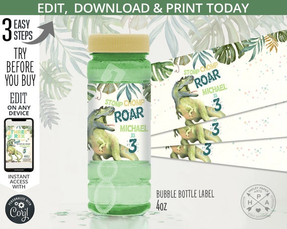 Dinosaur bubble bottle labels. T-Rex, dino-mite party, dino any age ...