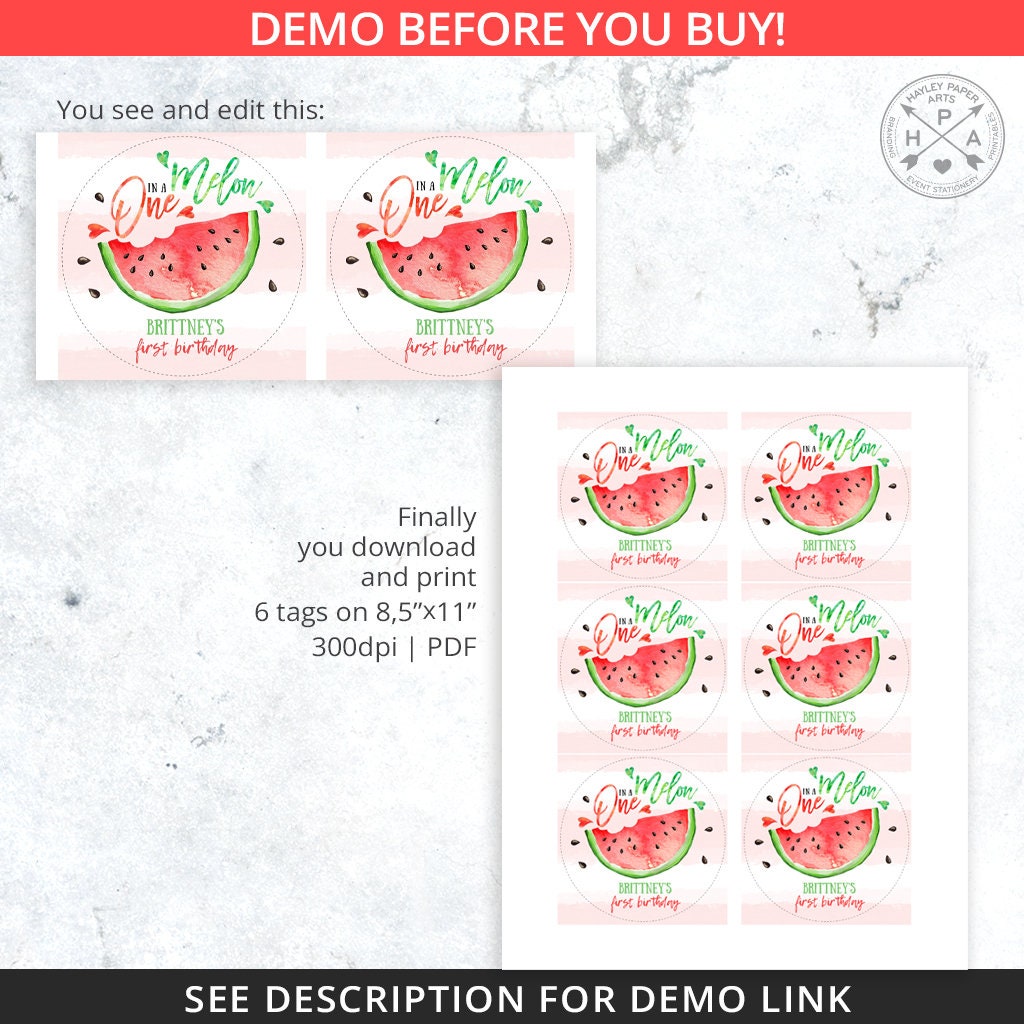 One in a Melon Large Lollipop Label Sticker Watermelon Tags First Girl ...