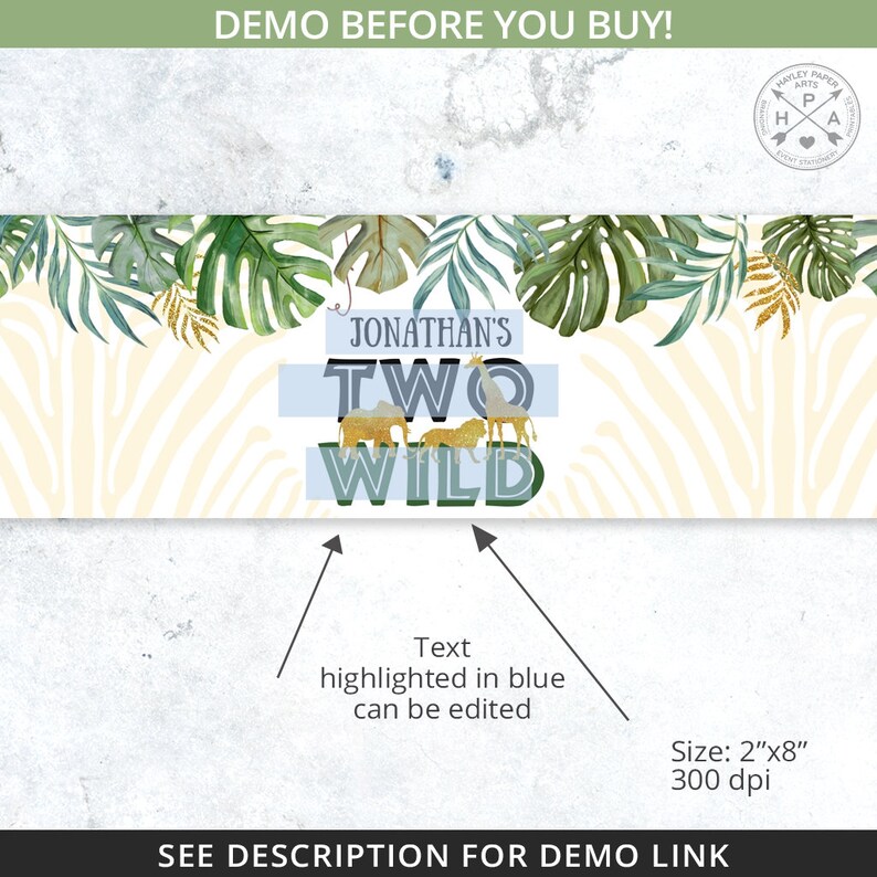 EDITABLE Jungle Two Wild Water Bottle Labels Gold Animals Safari ...