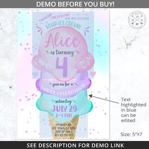 Ice Cream Fourth Birthday I Scream We All Scream Invitation Purple Pink ...