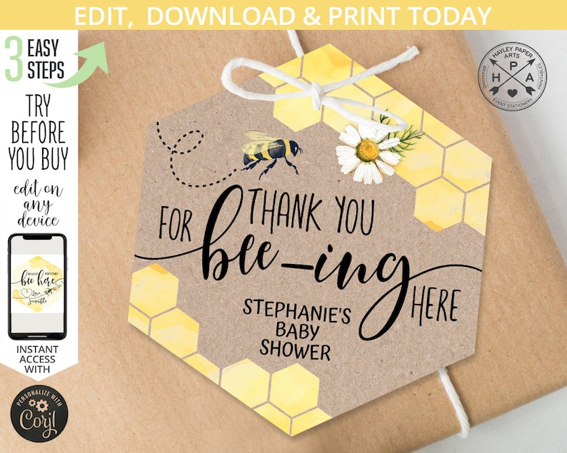 Bee Favor Thank You Polygon Honey Bee-ing Comb Party Gift Tag. - Etsy