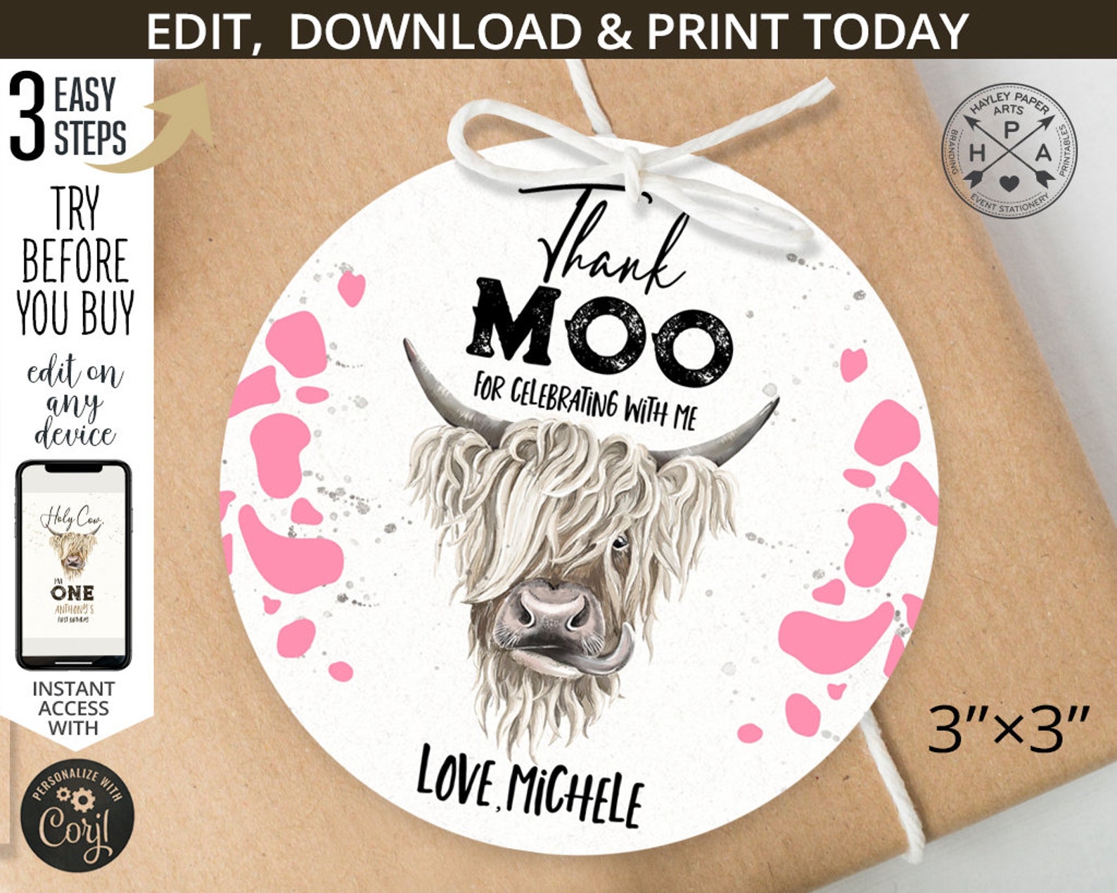 Cow Thank You Tag. Holy Cow Highland Thank Moo Circle Round - Etsy