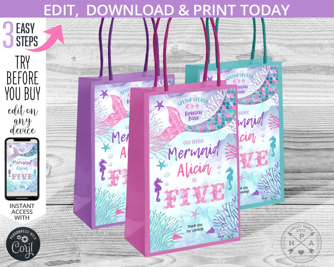 Mermaid Paper Bag Labels Birthday Favor Purple Pink Glitter Tail Handle ...