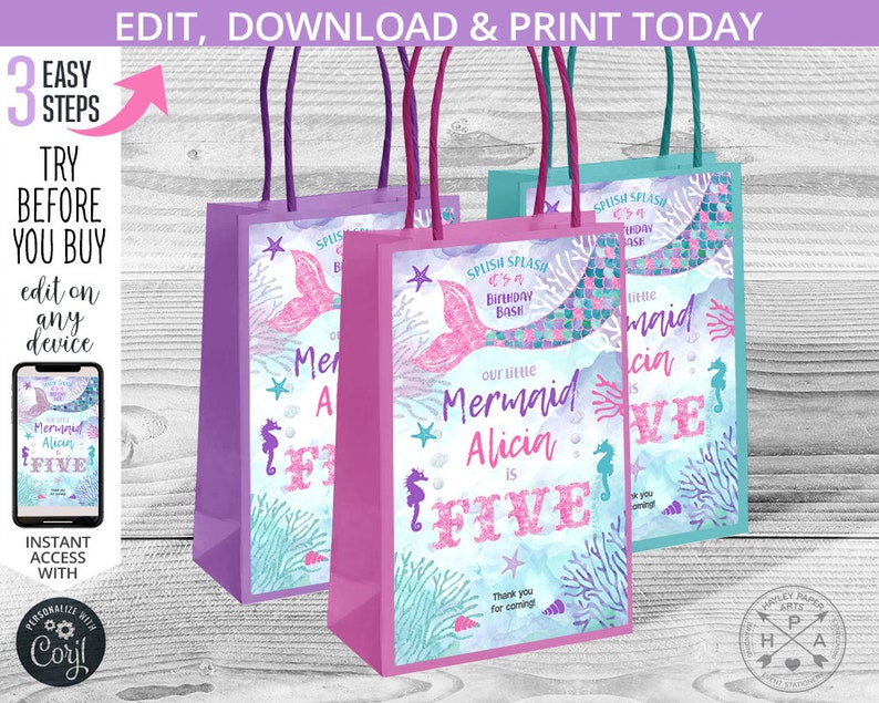 Mermaid Paper Bag Labels Birthday Favor Purple Pink Glitter | Etsy