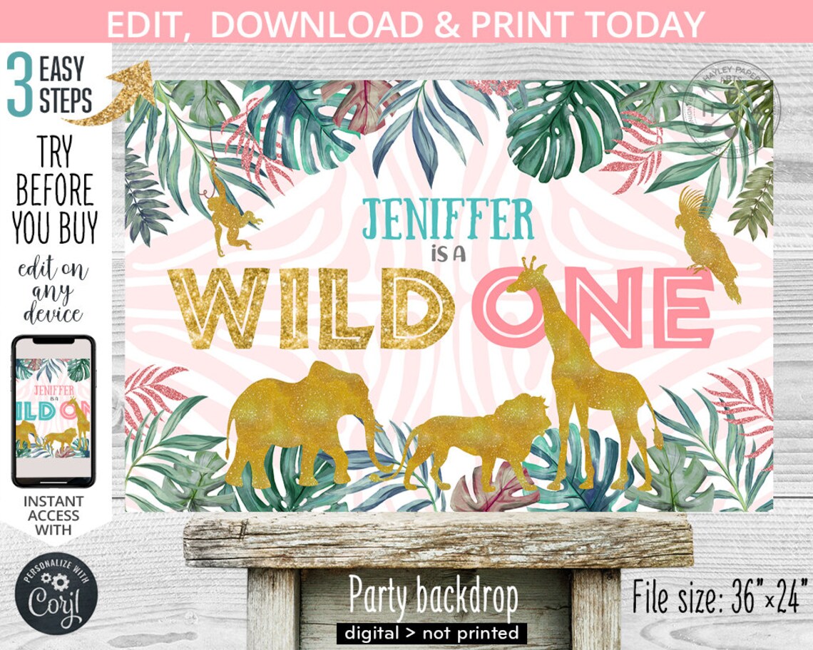 EDITABLE Jungle Wild One Table Backdrop 36x24 1st First - Etsy