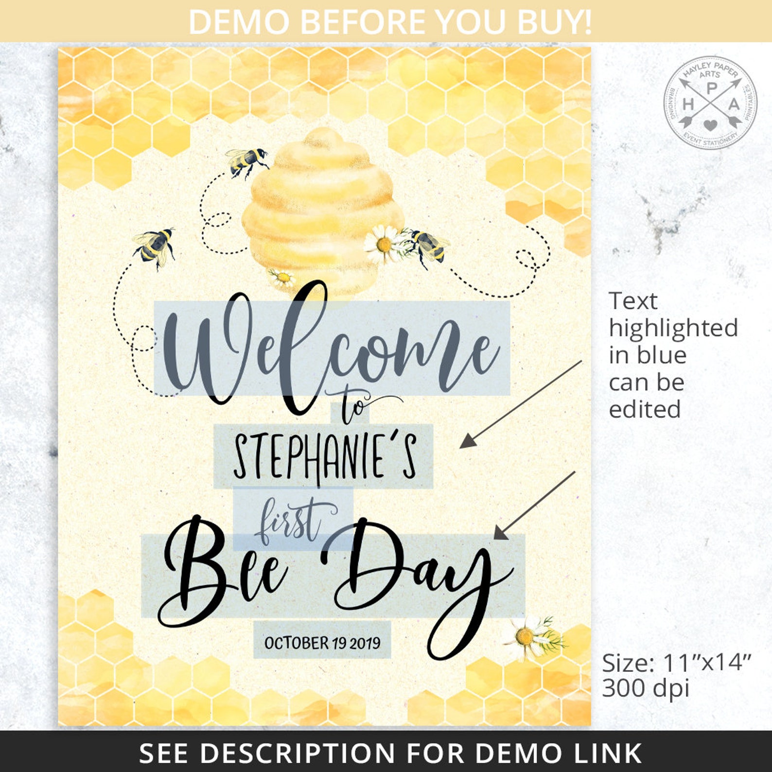 Bee Day Welcome Sign 11x14 Baby First Birthday Honey Bumble - Etsy