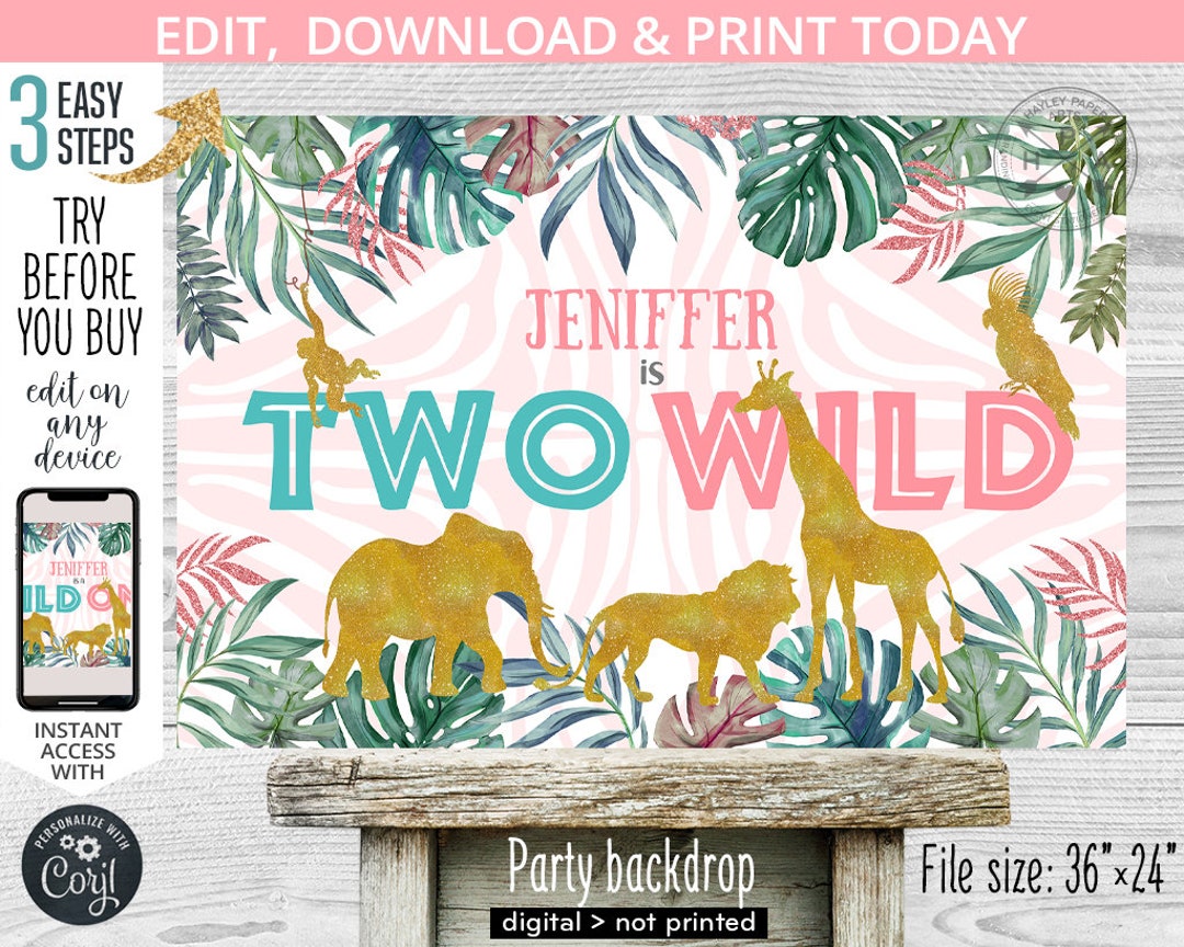 EDITABLE Jungle Two Wild Table Backdrop 36x24 2nd Second Birthday ...