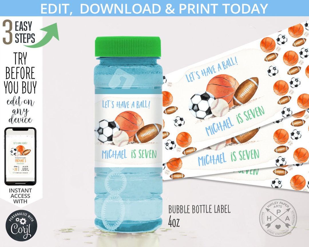 Let's Have a Ball Bubble Bottle Label Balls Sports Birthday Lets Party ...