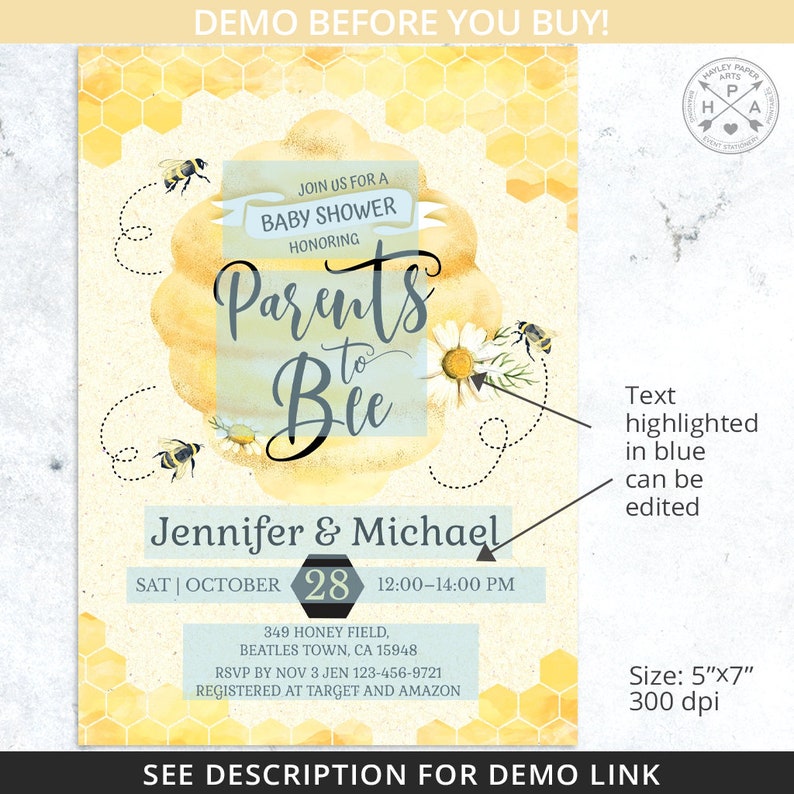 Bee Baby Shower Parents to Bee Party Invitation Little Chamomile Honey ...