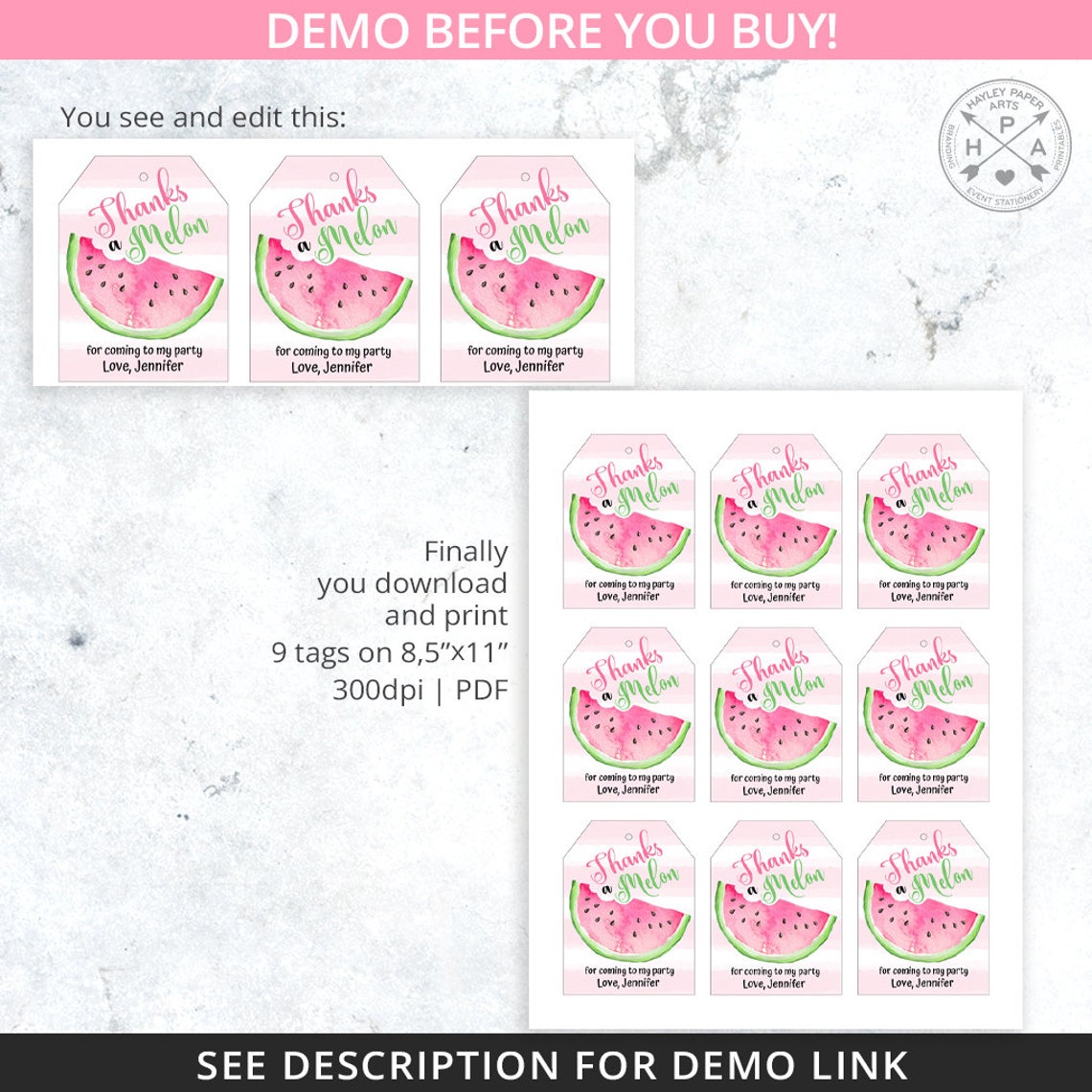 EDITABLE Watermelon Favor Gift Tag One in a Melon Tags First - Etsy