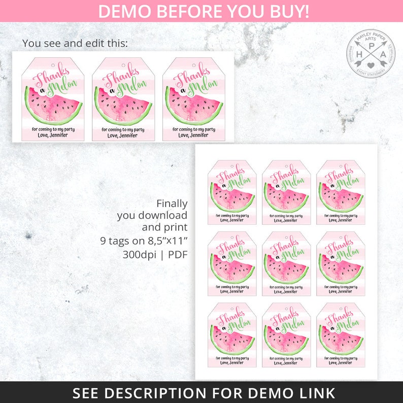 EDITABLE Watermelon Favor Gift Tag One in a Melon Tags First - Etsy