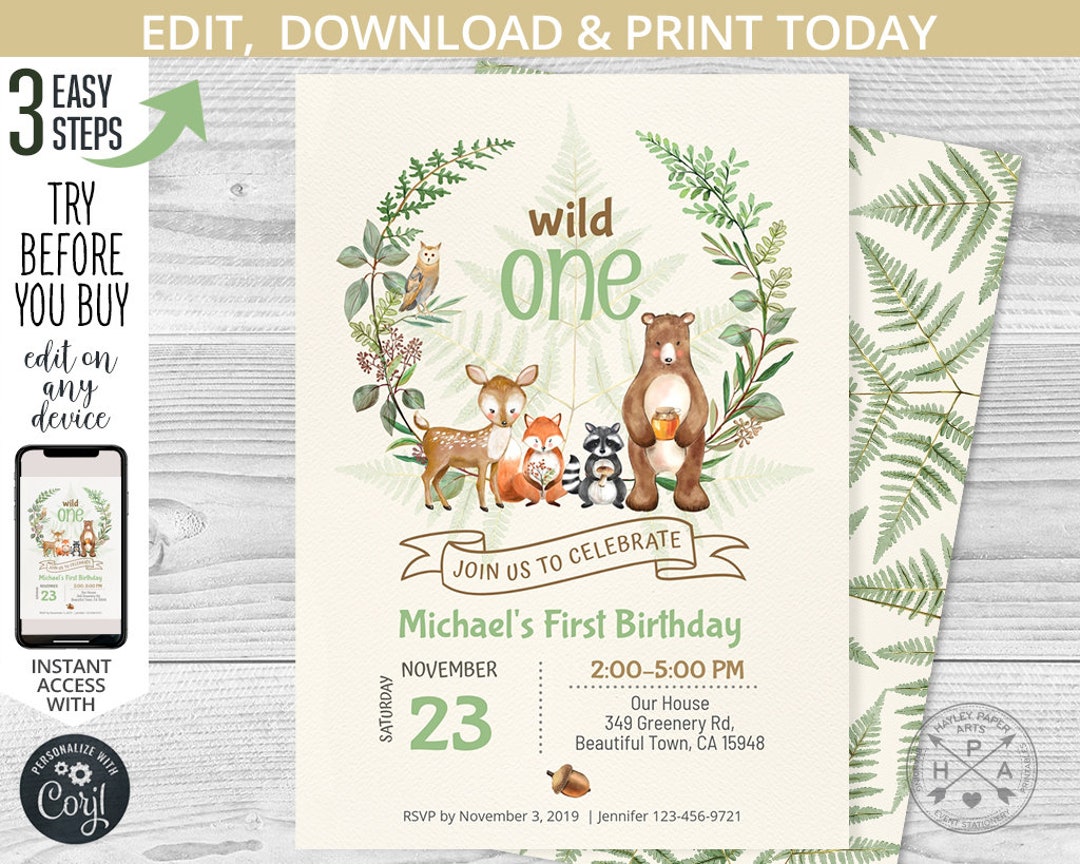 Woodland Animals Birthday Invitation, Wild One Boy Forest Animals ...