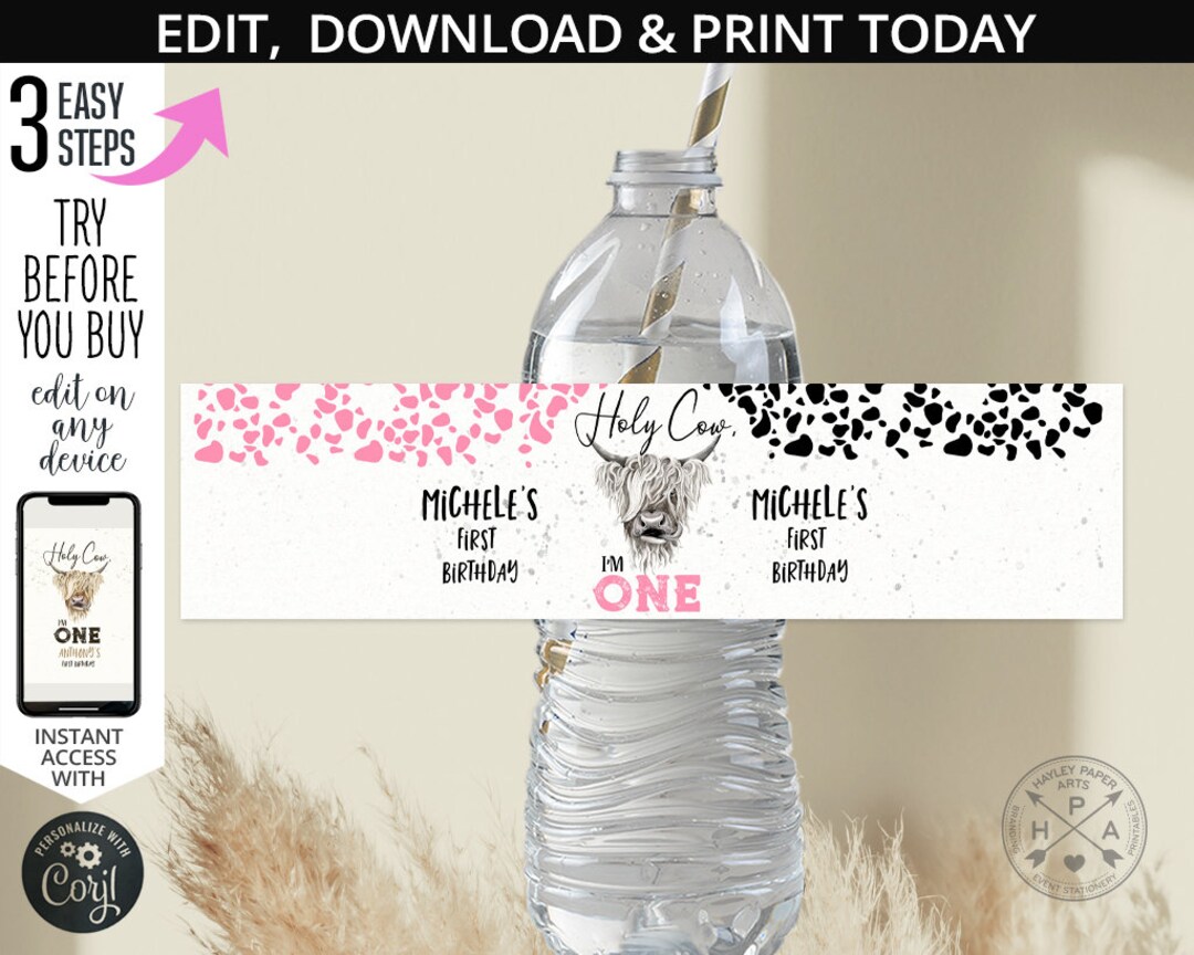 Holy Cow Bottle Label I'm ONE Girl Pink Highland Cow Farm Barn Ranch ...