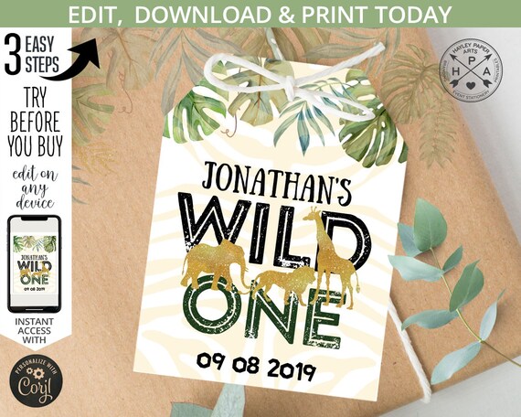 EDITABLE Jungle Favor Wild One Tags Thank You Safari Tag Gold - Etsy