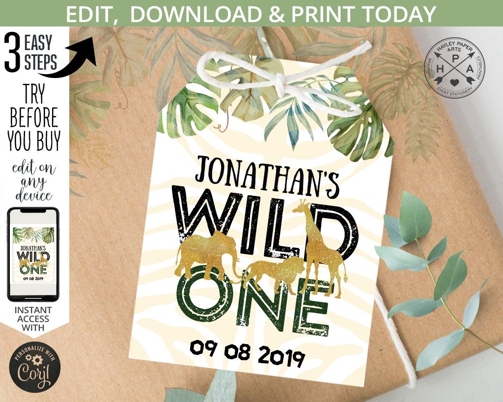 EDITABLE Jungle Favor Wild One Tags Thank You Safari Tag Gold Animals ...