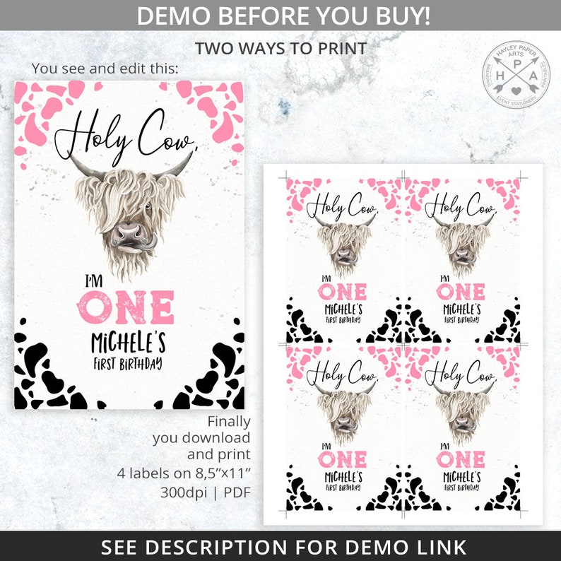 Holy Cow Label I'm ONE Juice Bag Label Highland Cow Capri - Etsy