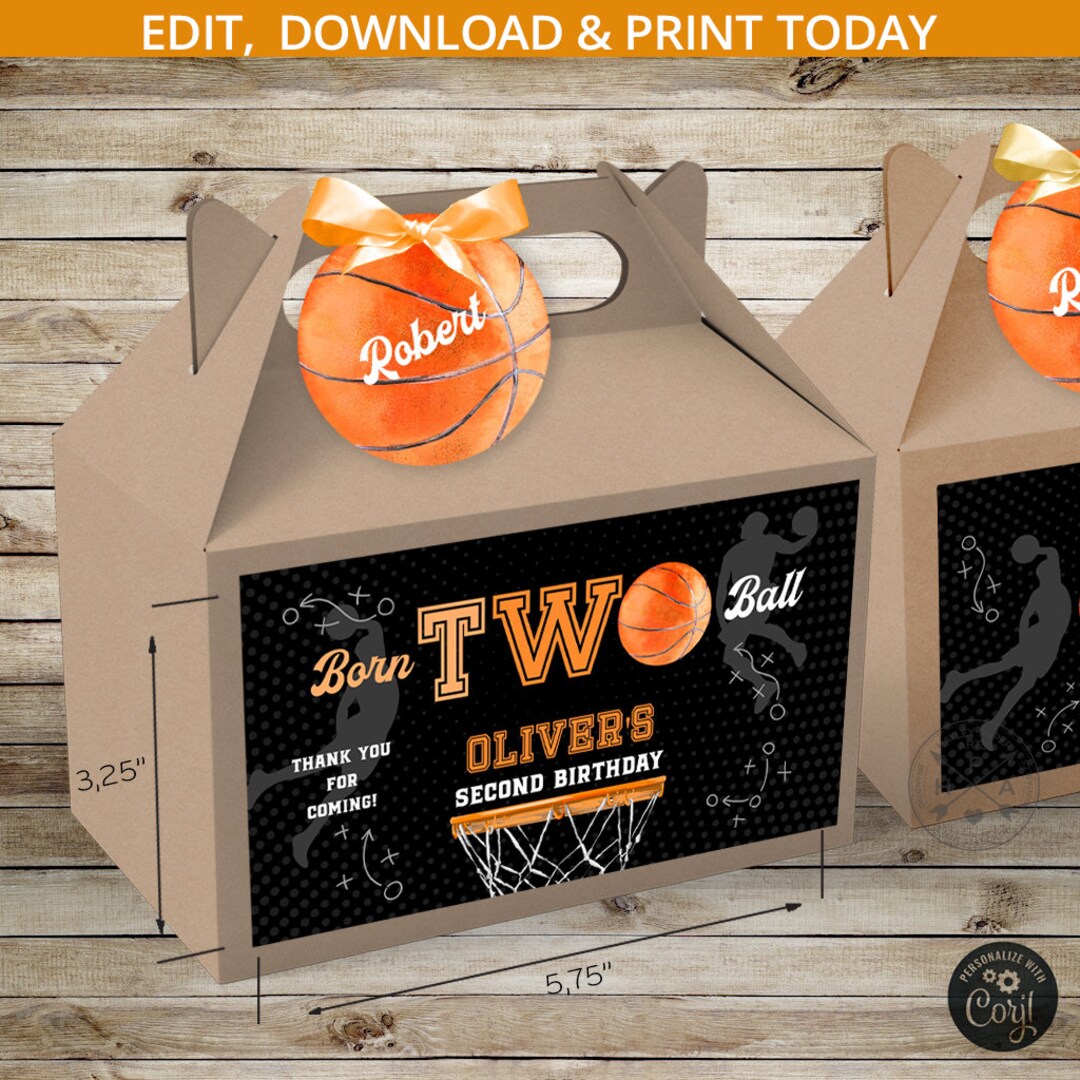 Basketball Gable Gift Box Labels. Born Two Ball. Handle Favor Takeway ...