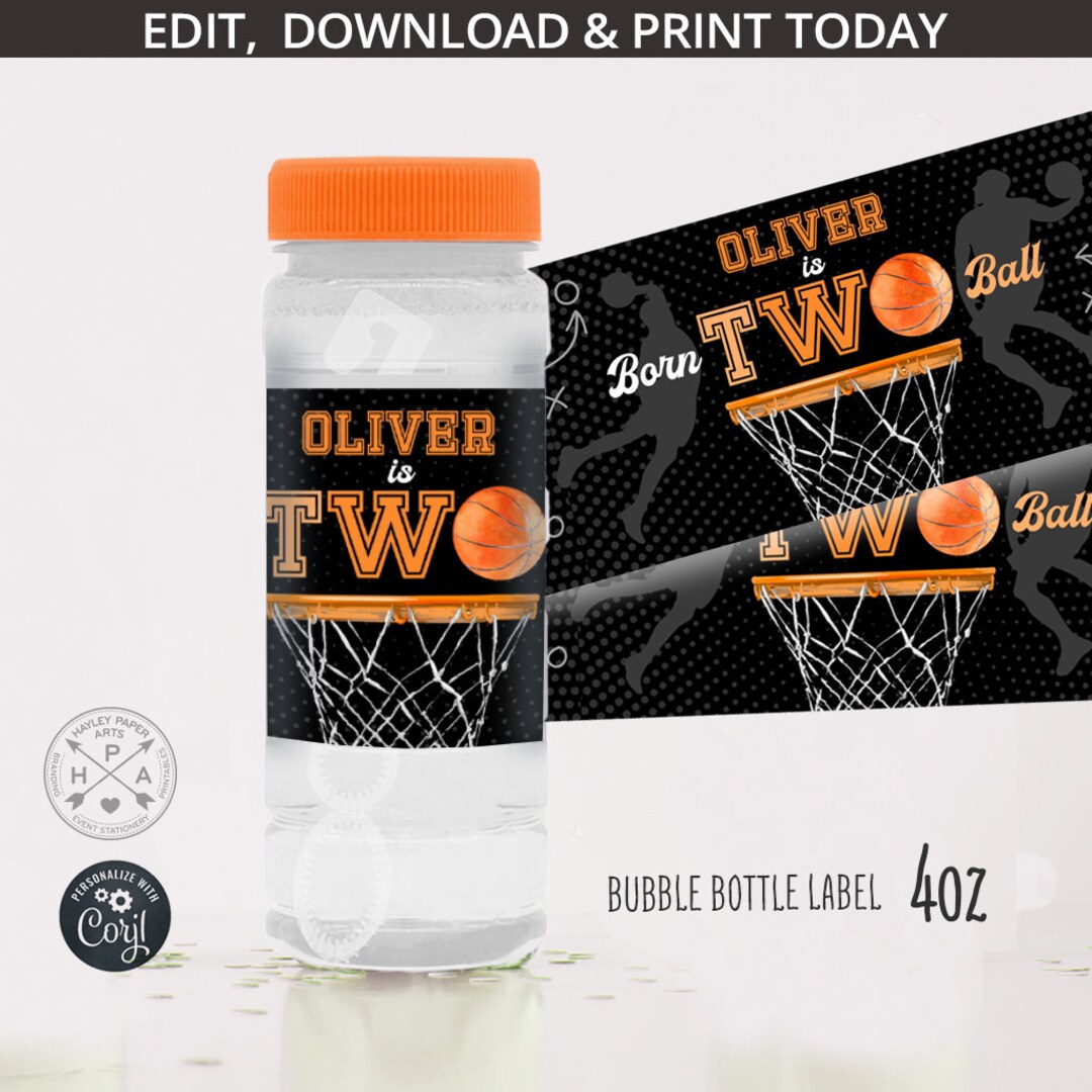Basketball Bubble Bottle Label Born TWO Ball Second Birthday Sports ...