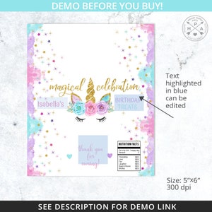 BUNDLE Unicorn Magical Chip or Snacks Bag, Water Bottle Label, Rice ...