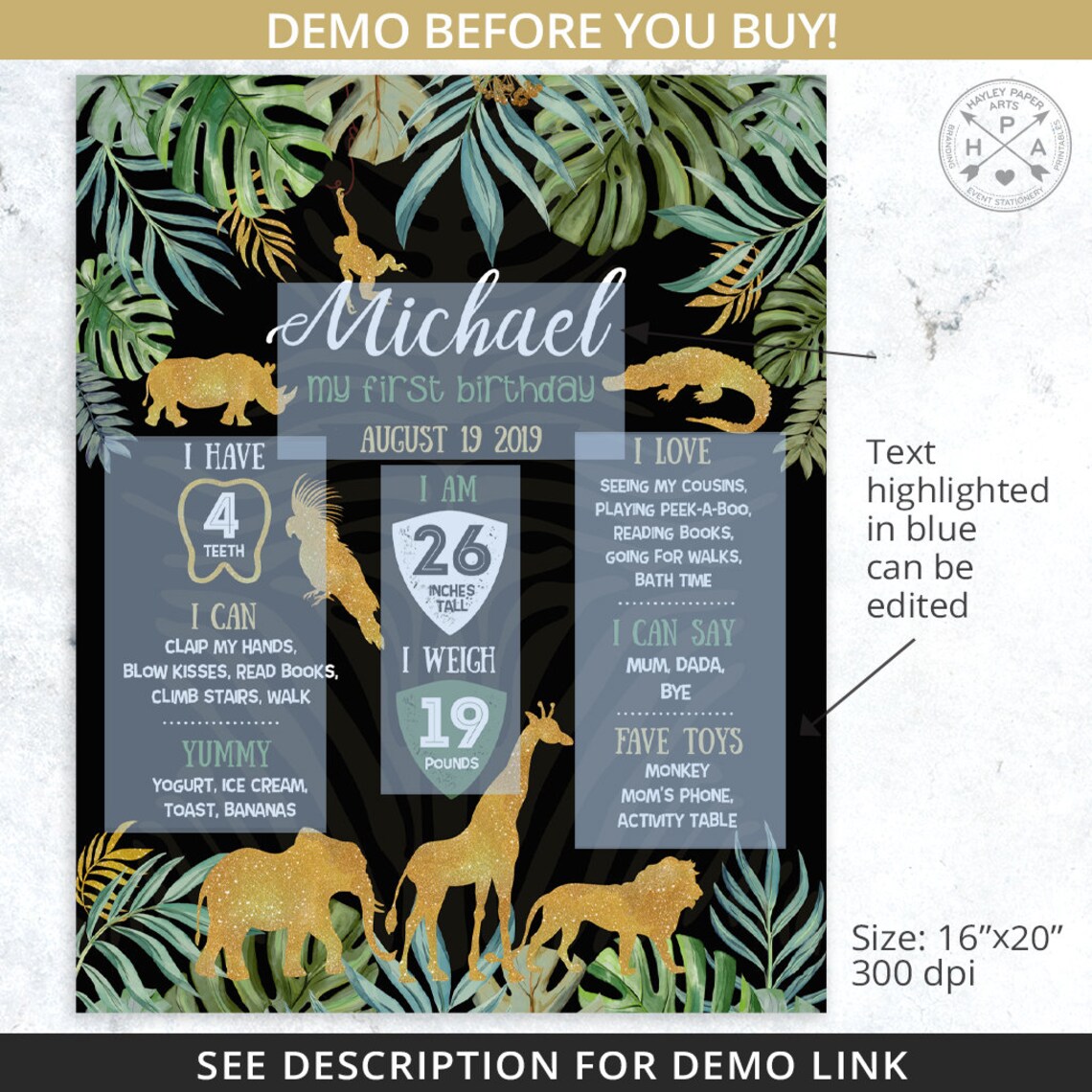 EDITABLE Jungle Milestone Stats 1st Birthday Chalkboard | Etsy
