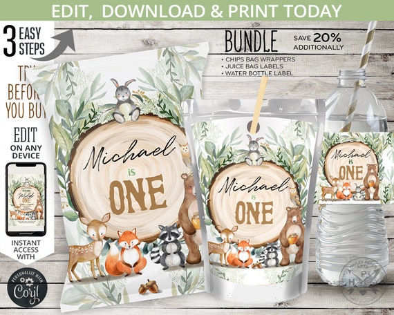 BUNDLE Woodland ONE animals chips bag, juice bag water labels, forest ...
