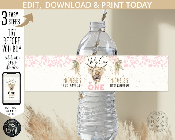 Holy cow water bottle label I'm ONE girl pink highland cow farm barn ...