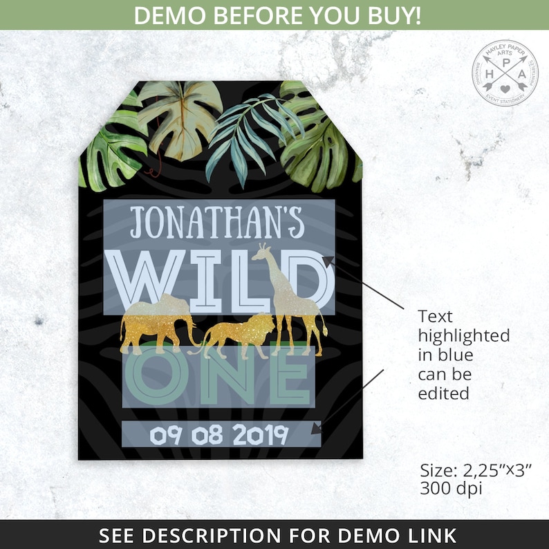 EDITABLE Jungle Favor Wild One Tags Gold Animals Safari | Etsy