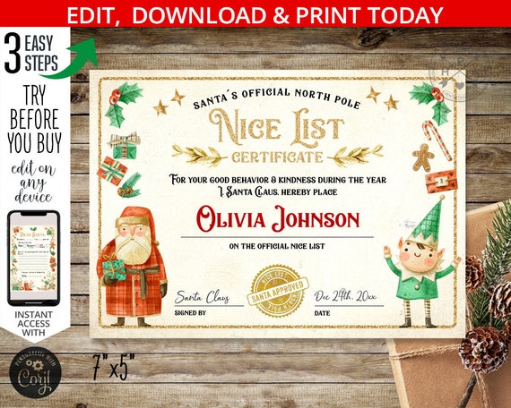 Nice list certificate. Santa's nice list card. Good behavior Christmas ...