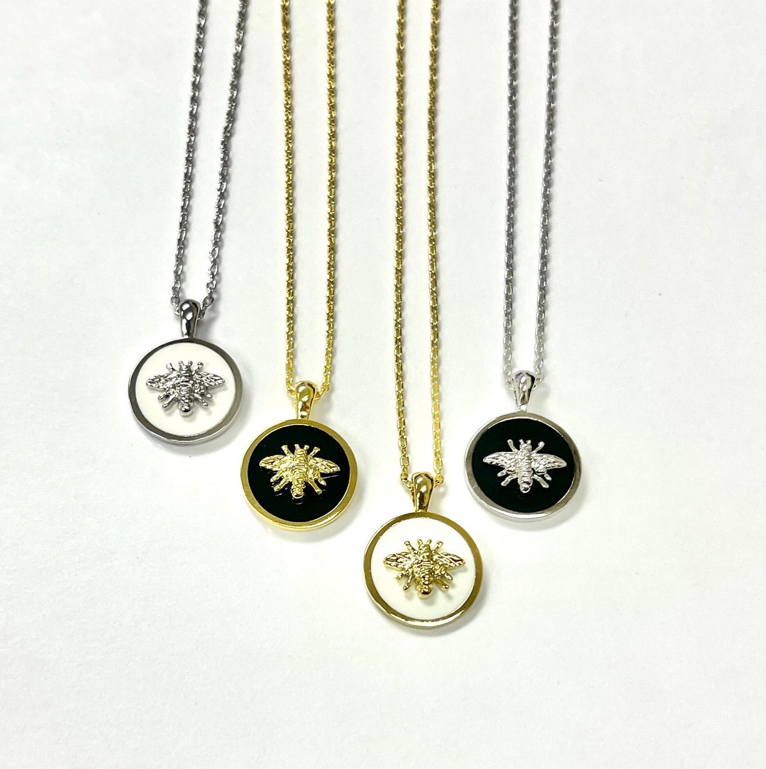 Bee Necklace, Bee Disc Necklace, Enamel Bee Coin Charm Necklace Black ...