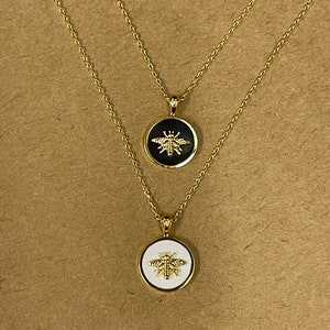 Bee Necklace, Bee Disc Necklace, Enamel Bee Coin Charm Necklace Black ...