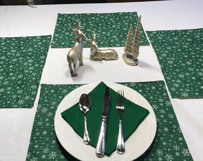 Green Placemats, Green Christmas Placemats, Silver Snowflakes, Winter ...