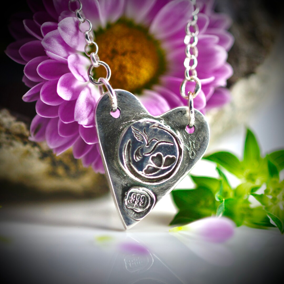 Fine Silver Floral Two Sided Heart Pendant With Hummingbird - Etsy