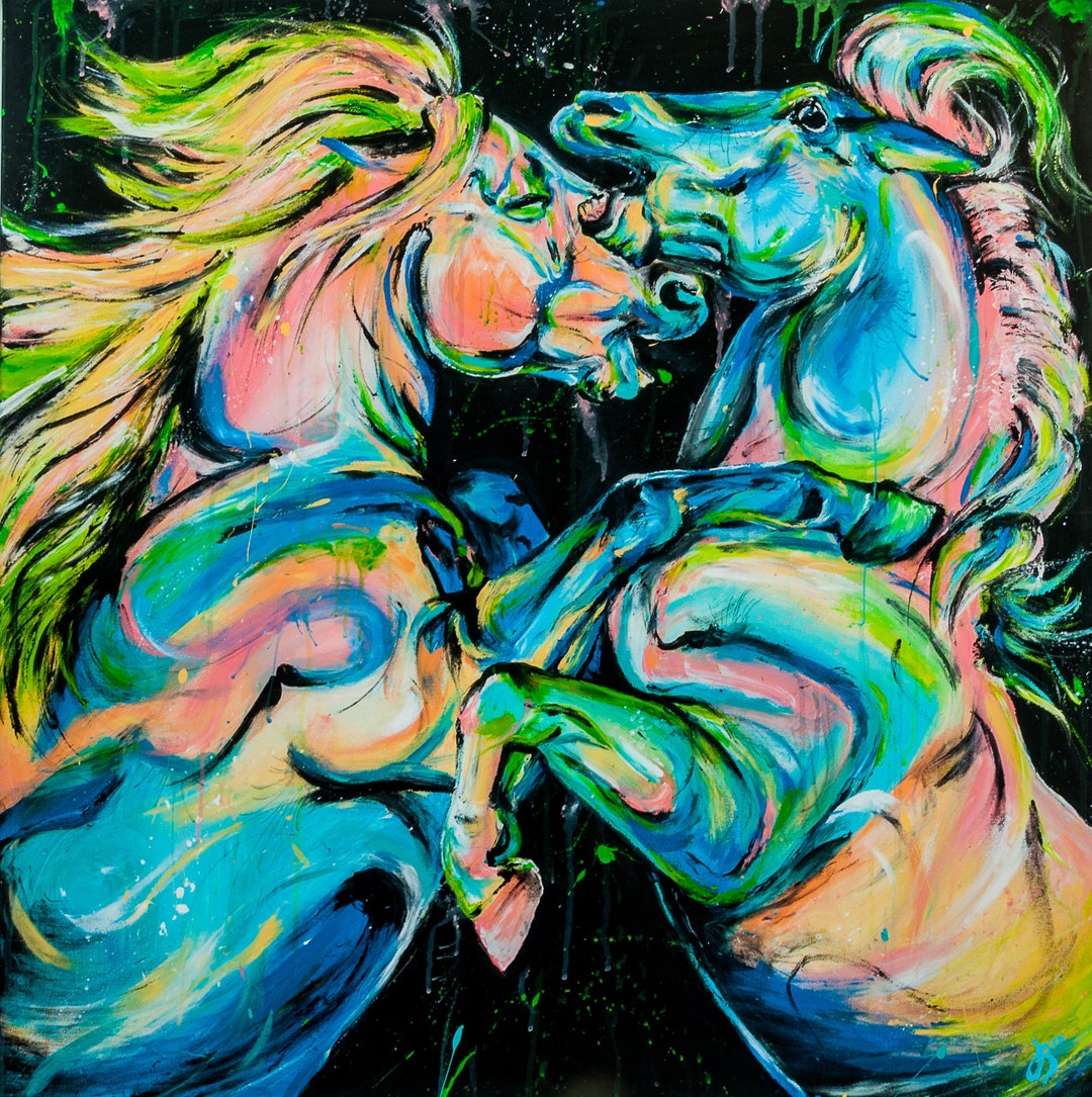 Battle 40x40 Symbolic Acrylic Finger Painting of Wild Horses - Etsy