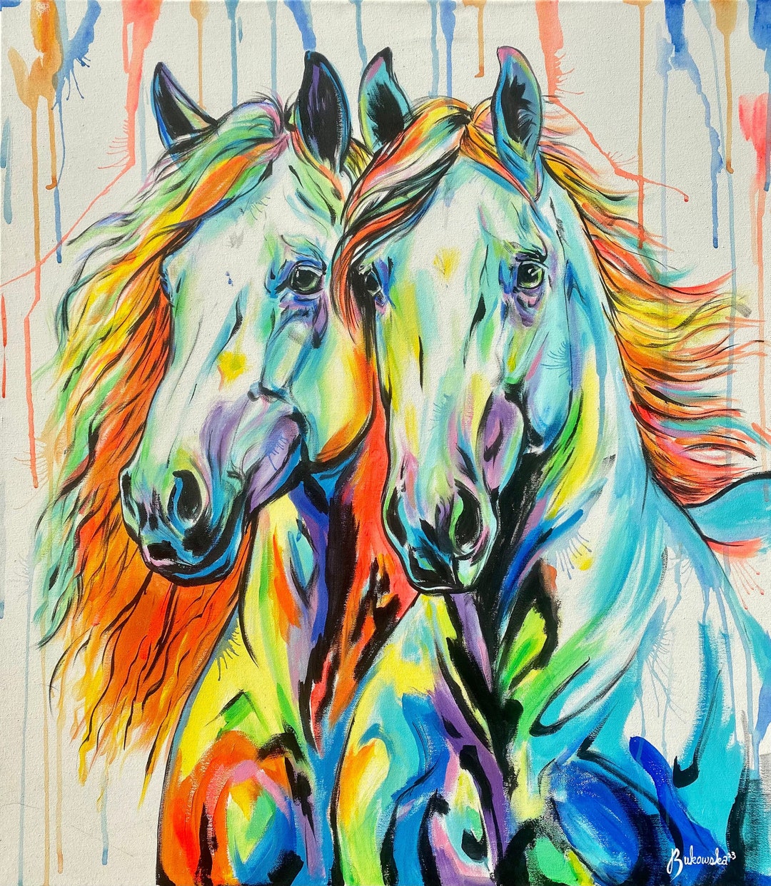 28x32” "dual Harmony: A Dance of Two Horses" - Horse Painting Canvas ...