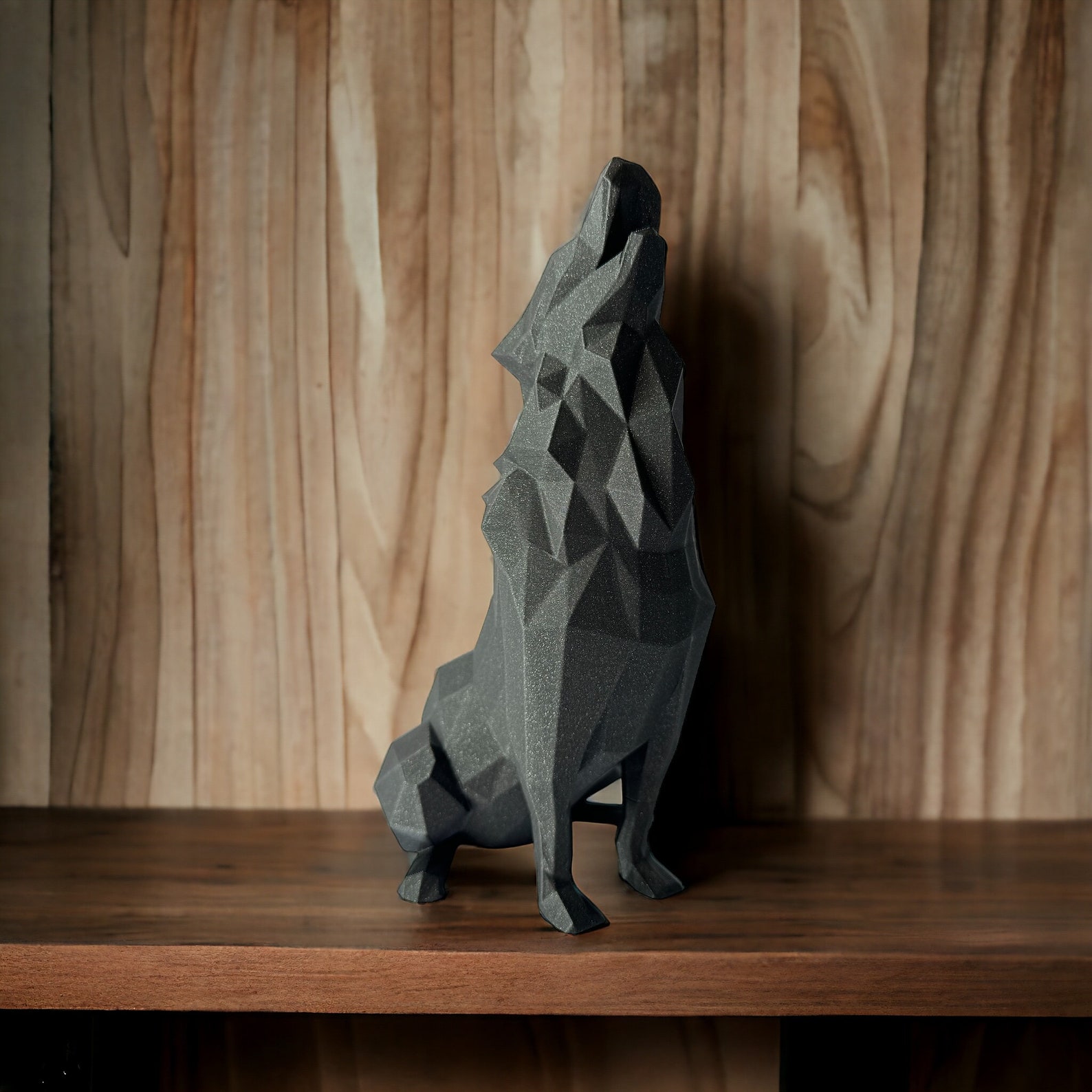 Howling Wolf – Low Poly 3D Sculpture in Black PLA – Modern Geometric ...