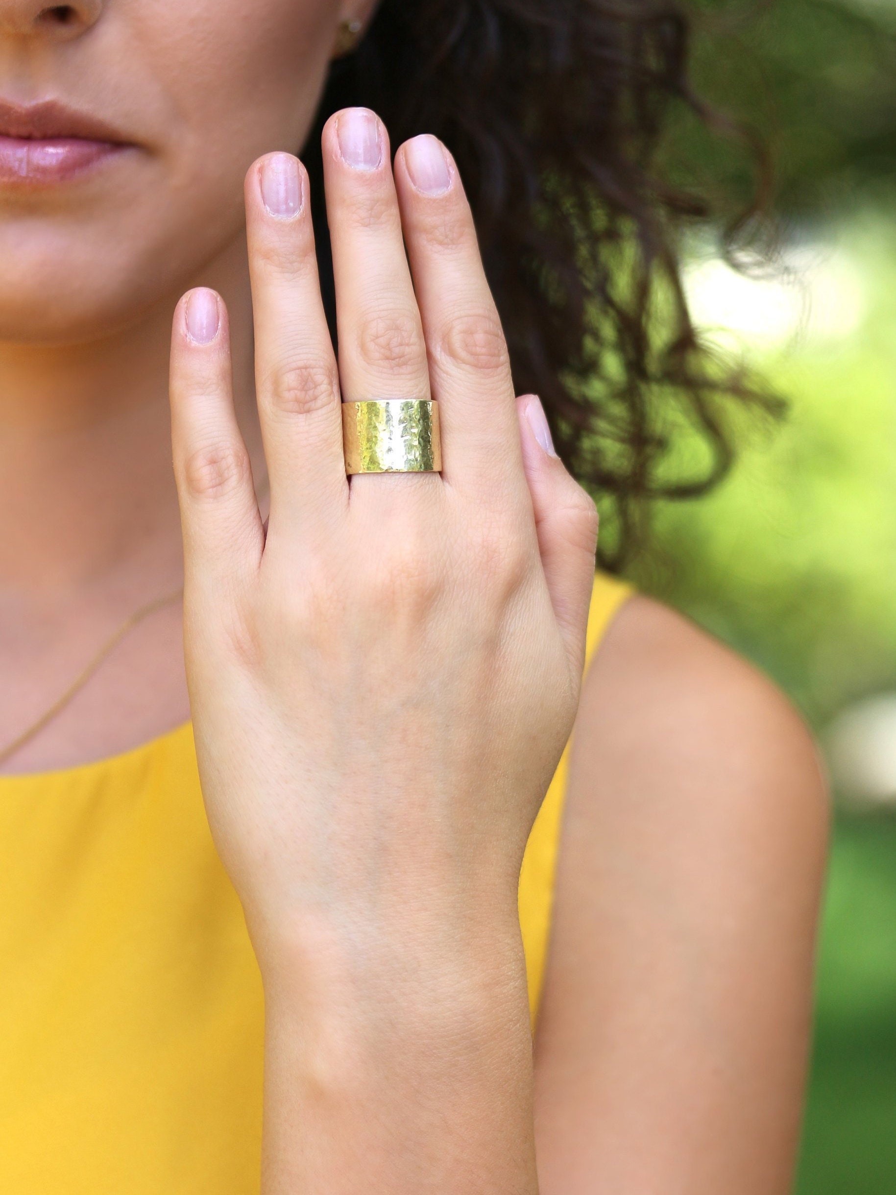 Bohemian Gold Ring, Gold Wide Band Rings for Women, Hammered Texture ...