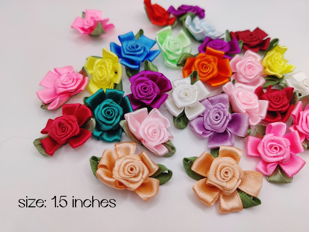 10 Pcs Assorted Handmade Satin Ribbon Roses/flowers With Leaves. Super ...