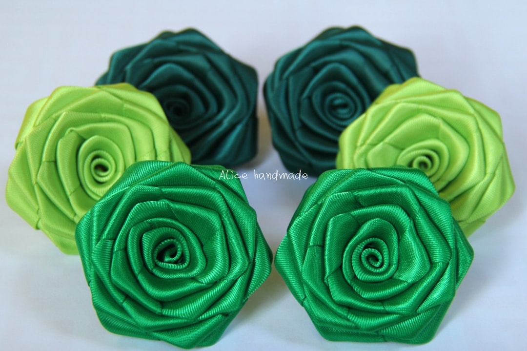 6 Handmade Double Faced Satin Ribbon Roses in Mixgreen (2 Inches ...
