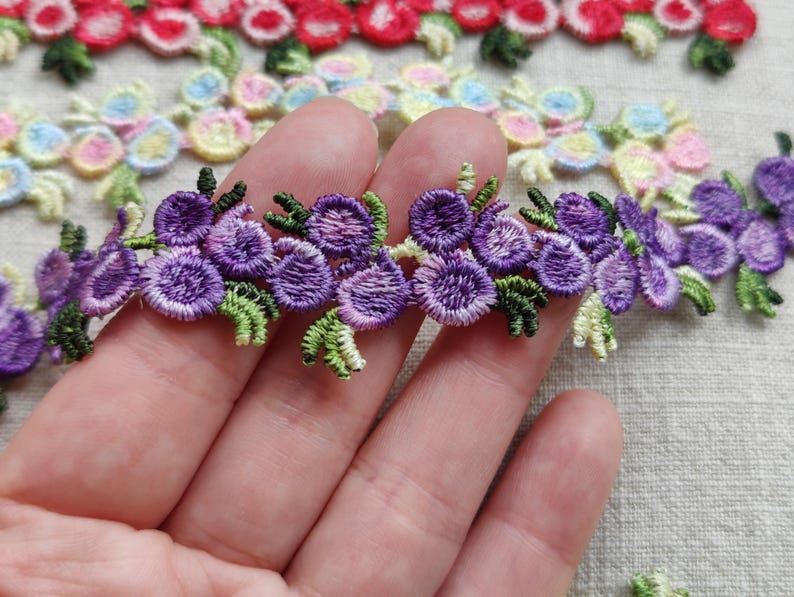 Floral Embroidered Lace Trim – Colorful Triple Rosebud Appliqué Ribbon ...